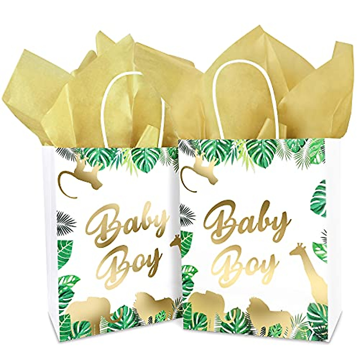 Ocean Line Baby Shower Paper Gift Bags for Boy with Tissue Papers - 12 Pack Kraft Safari Jungle Animals Baby Boy Bags with Gold Wrapping Papers, Size 8" L x 4" W x 10" H