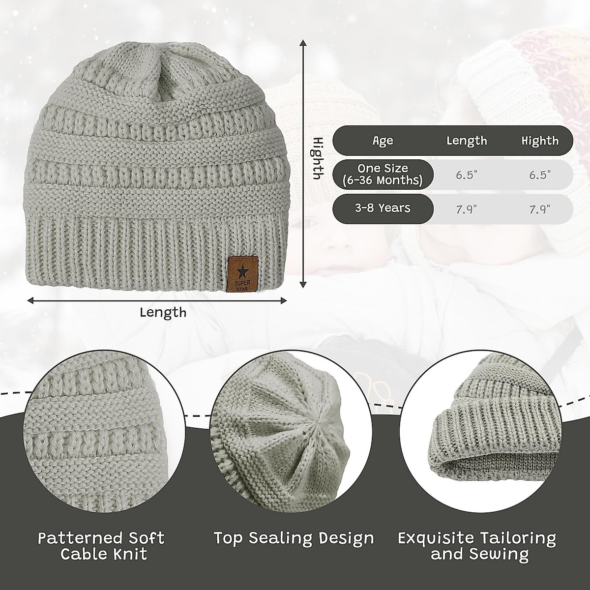 Durio Soft Warm Knitted Baby Hats Caps Cute Cozy Chunky Winter Infant Toddler Baby Beanies for Boys Girls 3 Pack Black & Light Grey & Navy