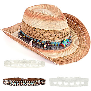 Cowboy Cowgirl Straw Hat with Bands for Women - Western with Wide Brim for Coastal Sun Beach Summer Ivory