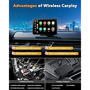 LAMTTO 7" HD Wireless Car Stereo with Apple Carplay & Backup Camera, Portable Touchscreen Android Auto Adapter with GPS Navigation System,Multimedia Player Video Receivers with Bluetooth,Airplay