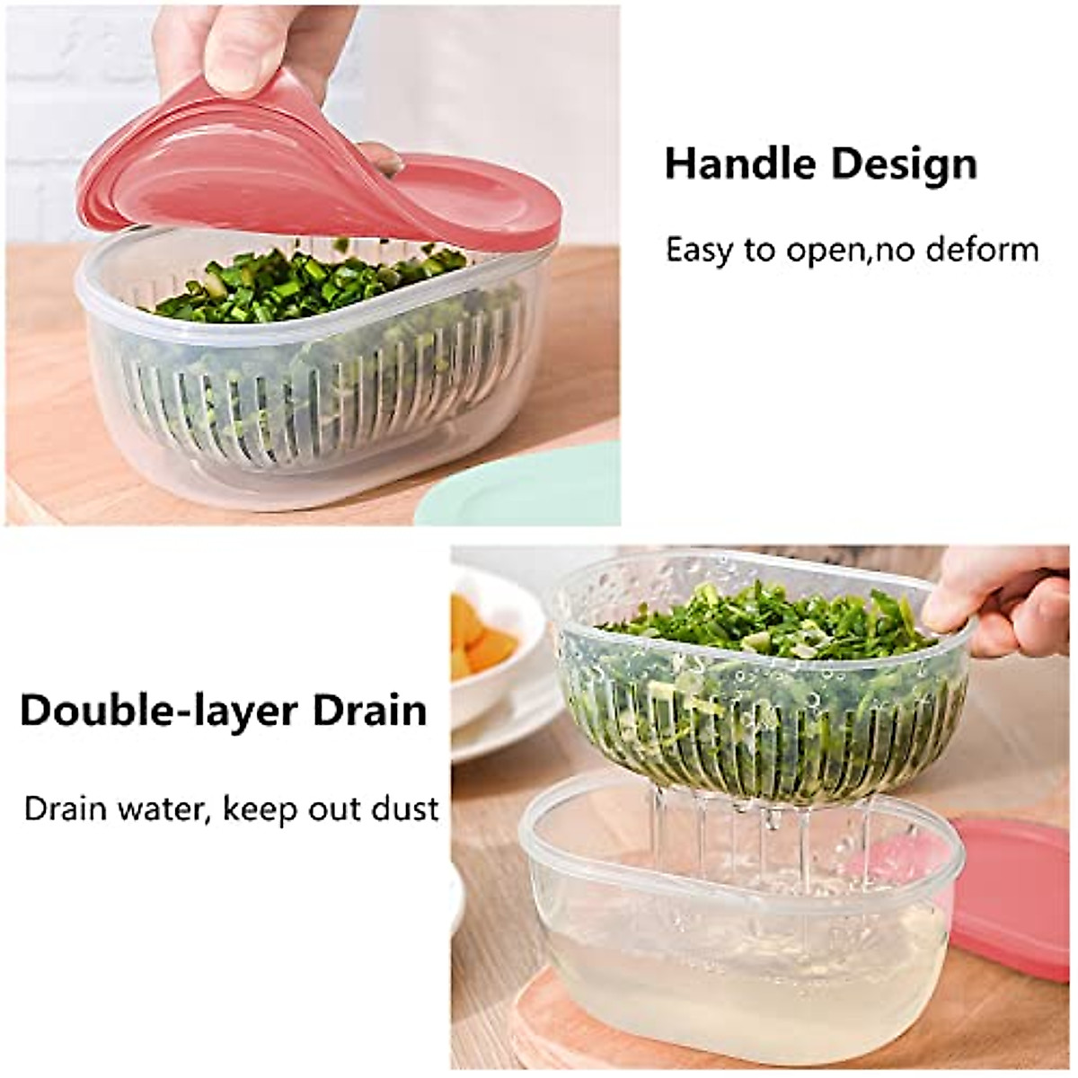 Food Storage Container with Colander Layer, Refrigerator Fresh-keeping Container Bowl Multifunctional Vegetable Fruit Liquid Storage Container Sealed with Lids Kitchen Essentials, 18 oz (Red)