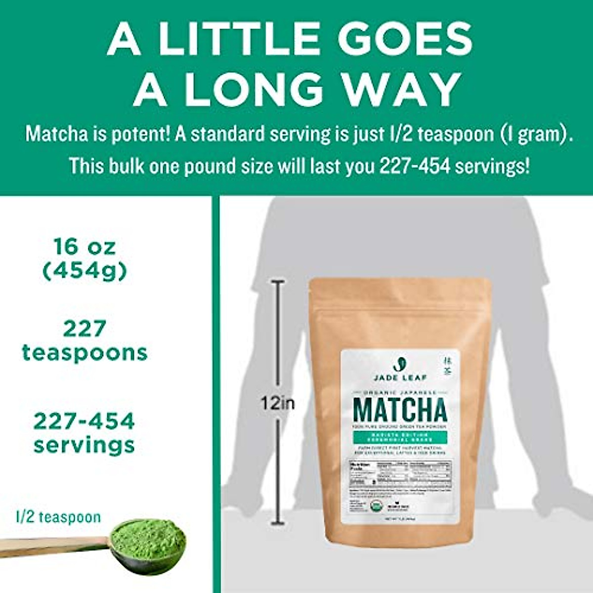 Jade Leaf Matcha Organic Green Tea Powder - Barista Edition - Ceremonial Grade For Cafe Quality Tea & Lattes - Authentic Japanese Origin (1 Pound Pouch)