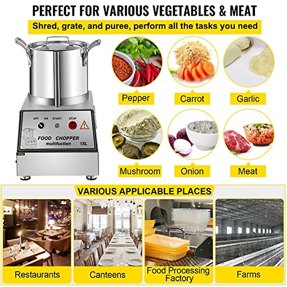 VBENLEM 110V Commercial Food Processor 15L Stainless Steel Grain Grinder 1400W Electric Food Grinder Cutter Mixer Perfect for Meat or Vegetable Stuffing, Fruit or Peanut Jam, Grain Powder