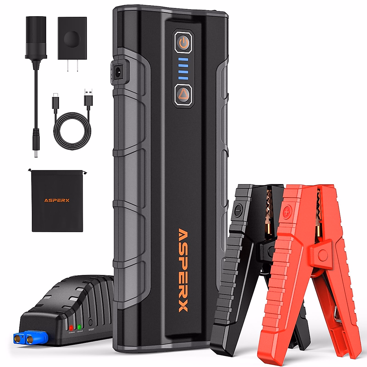 ASPERX AX2500 Car Jump Starter, 2500A Peak Battery Starter for 10L Gas or 7.3L Diesel Engines, 12V Auto Battery Booster, Lithium Jump Box with USB QC3.0, Jump Pack with Built-in LED Light