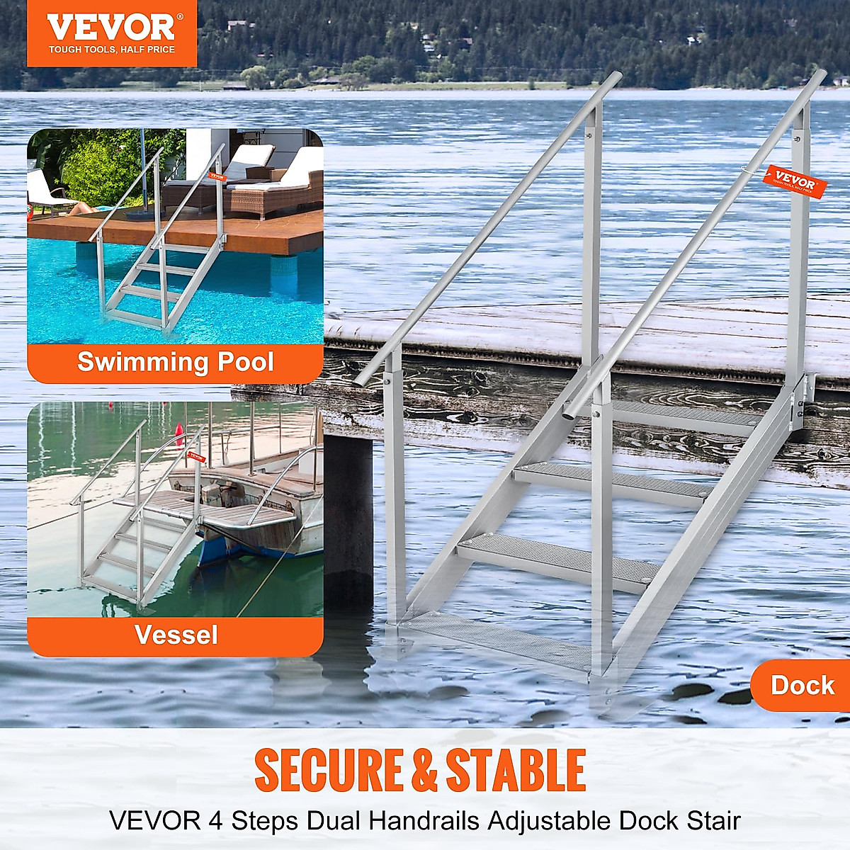 VEVOR Dock Ladder with Rubber Mat, Dock Steps 30"-39" Adjustable Height, Dock Stairs Aluminum 4 Step, Each Step 22" x 4", 500Lbs Load, for Lake, Marine Boarding, Pool