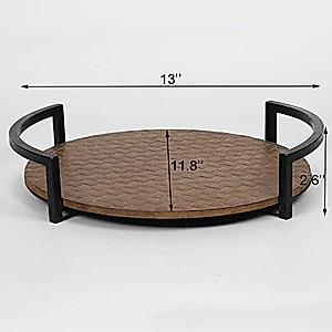 Farmhouse Round Decorative Tray，Wood Serving Tray with Metal Handles, Rustic Ottoman Coffee Table Accent Tray, Centerpieces for Table (Natural Brown)