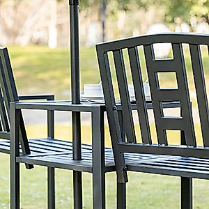 Outsunny Tete-a-Tete Outdoor Bench with Center Table & Umbrella Hole, Garden Bench for 2-Person, Metal Frame Patio Loveseat with Armrest, Slatted Backrest and Seat, Black