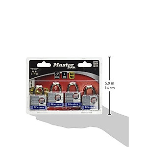 Master Lock 3008D Outdoor Padlock with Key, Pack of 4 Keyed-Alike Silver 1-1/2 Inch