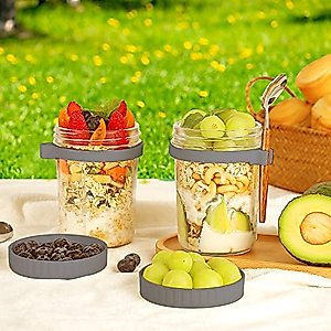 Bupto 4 Pack Overnight Oats Containers with Lids and Spoons, 16 oz Airtight Overnight Oats Jars with Measurement Marks Salad Jars for Cereal Milk Yogurt Vegetable Fruit On the Go Container (4 grey)
