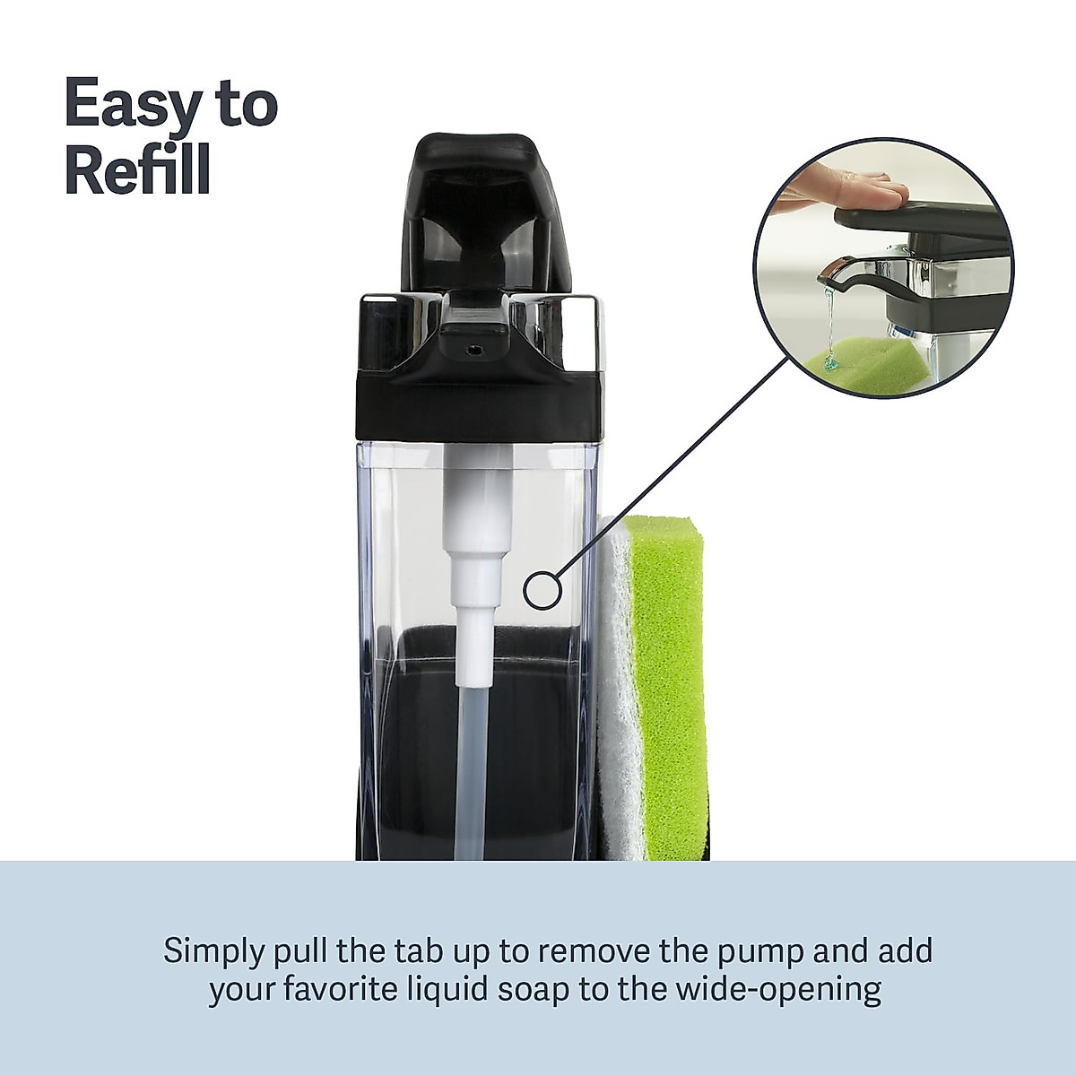 Casabella Sink Sider Solo Kitchen 2-in-1 Soap Pump and Sponge Caddy, Black/Chrome