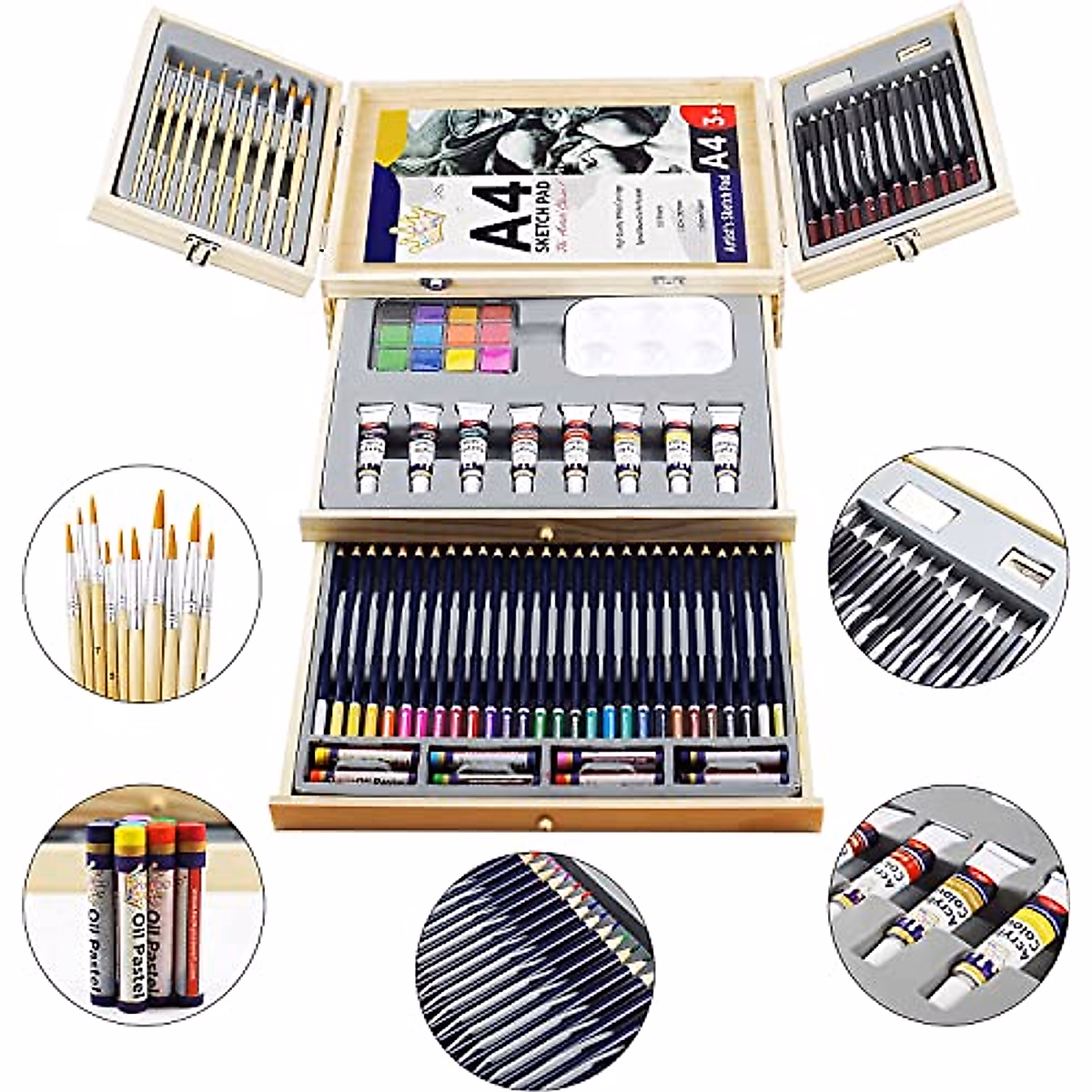 Deluxe Art Supplies, 88 Pieces Art Set in Portable Wooden Case, with 2 Drawing Books and 4 Canvas Panels, Professional Art Set for Painting & Drawing, Art Kit for Kids, Teens and Adults/Gift