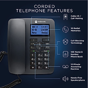 Motorola Voice C42 Corded Phone System + 2 Digital Cordless Handsets w/Answering Machine, Call Block - Black (C4202)