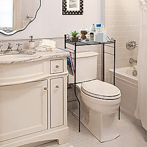 MyGift Black Metal Over The Toilet Standing Shelf with Vintage Scrollwork Accents and Magazine Basket, Freestanding Bathroom Space Saver Organizer Rack