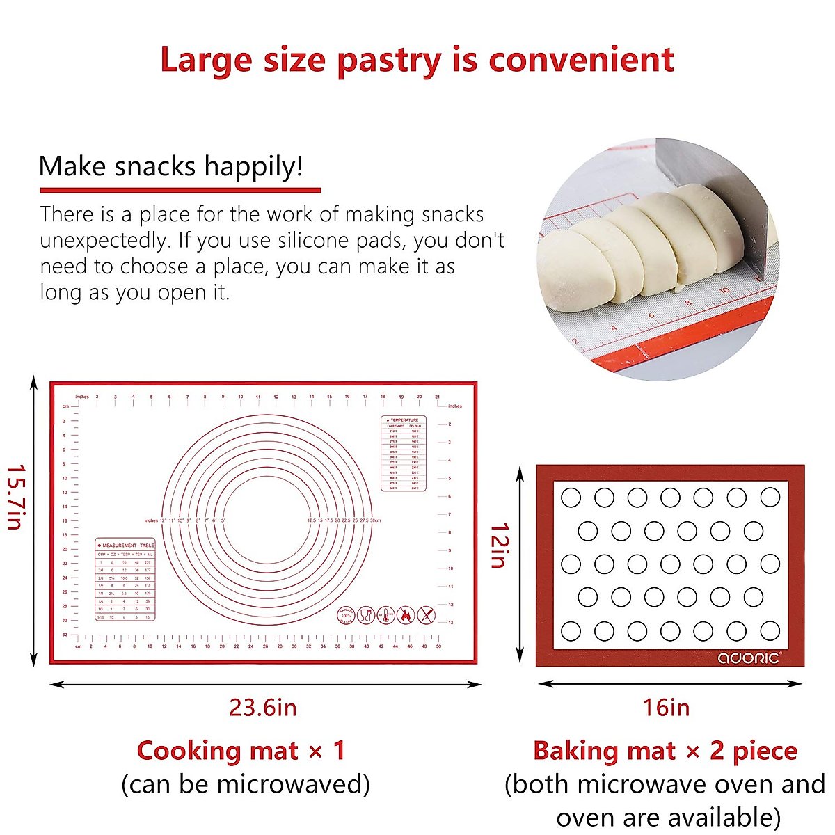 Silicone Pastry Mat 16x24 with Measurements，2 Pack Non-Stick Baking Mat Non-slip Dough Rolling Mat, Reusable Silicone Counter Mat for Making Cookies,Macarons,Bread and Pastry