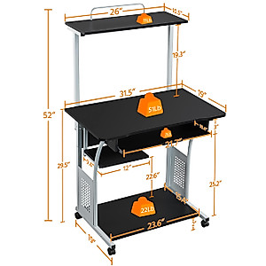 Yaheetech 3 Tiers Mobile Computer Desk with Printer Shelf & Keyboard Tray Rolling Computer Desk for Small Spaces, Compact Study Desk Workstation with Wheels, Space Saving, Black