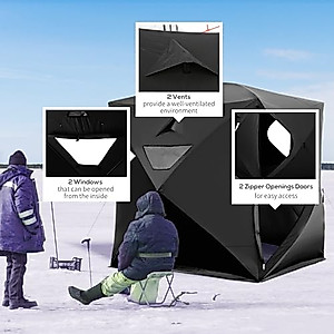 Outsunny 2-4 People Ice Fishing Shelter, Pop-Up Portable Ice Fishing Tent with Carry Bag, Two Doors, Windows and Vents, Ice Shanty for Winter Fishing, Black
