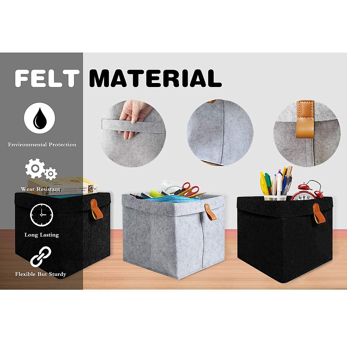 Felt Storage Basket, Fabric Cloth Storage Bin Collapsible Organizer Basket with Handle for Cloth Toys Fordable Cloth Bin for Bedroom Playroom Office Hard Bottom (large, gray)