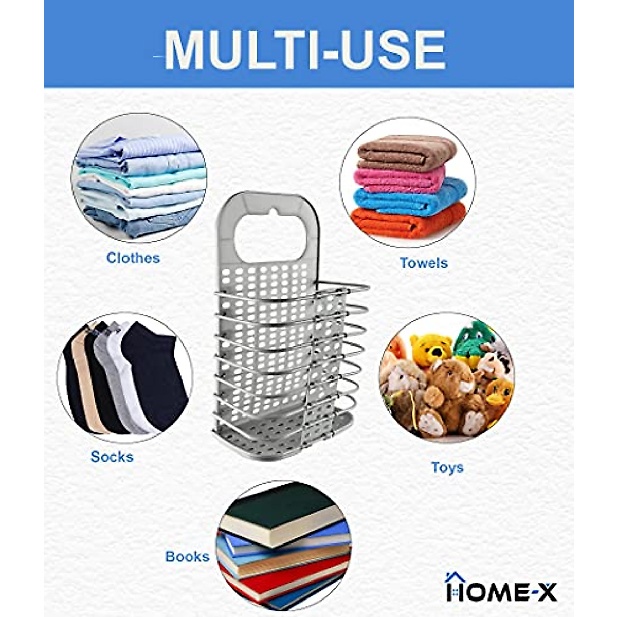 HOME-X Collapsible Laundry Hamper, Plastic Clothes Hamper and Collapsible Laundry Basket, Convenient Hanging Laundry Hamper, 18" L x 10 ½” W x 6 ½” H, Gray