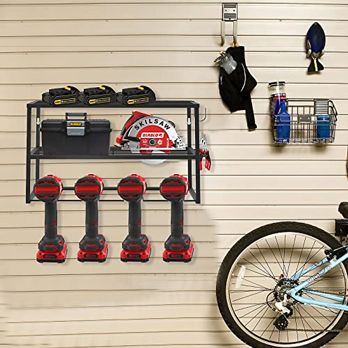 Dosker Tool Shelf & Organizer Wall Mounted Garage Storage Rack 3 Layers Heavy Duty Metal Drill Holder Utility Storage Rack Garage, Workshop and Warehouse for Dad Gifts 2PC