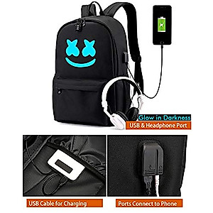 Mello Backpack Marshmallow Backpack Glow in Dark Smile Laptop Backpack for Boys w/USB Headphone Ports & Cables & Lock (M)