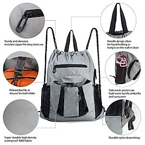BeeGreen Grey Basketball Backpack Drawstring Backpack with Ball Holder & Shoe Compartment Sling Backpack for Soccer & Football & Volleyball, String Backpack for Dance Sports Yoga Men Women