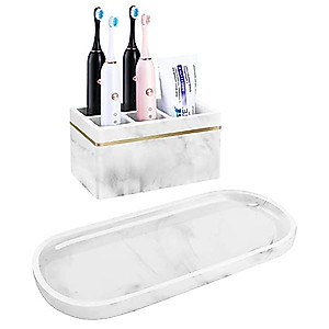 Luxspire Bathroom Vanity Tray+Toothbrush Holders, Bathroom Vanity Countertop Organizer Accessories Set-Marble Design