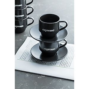 Espresso Cups with Saucers Set, Porcelain Coffee Cups Set with Metal Stand 4 OZ Stackable Demitasse Cups for Latte, Cafe, Mocha and Cappuccino, Tea Cup Set of 6, Thanksgiving Gifts, Black