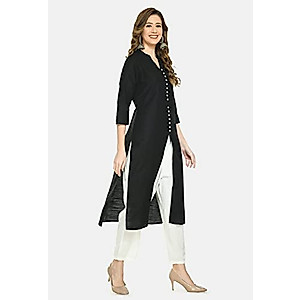 Lagi Women A-Line Solid Front Slit Poly Silk kurta Kurti. (Black, S)