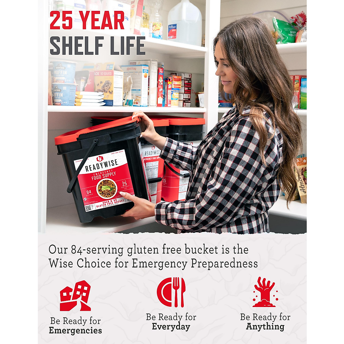 READYWISE - Gluten Free Bucket, 84 Servings, Emergency, MRE Meal Food Supply, Premade, Freeze Dried Survival Food for Hiking, Adventure & Camping Essentials, Individually Packaged, 25 Year Shelf Life