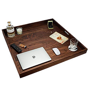 MAGIGO 30 x 30 Inches Extra Large Square Black Walnut Wood Ottoman Tray with Handles, Serve Tea, Coffee Classic 2.5 Feet Wooden Decorative Serving Tray