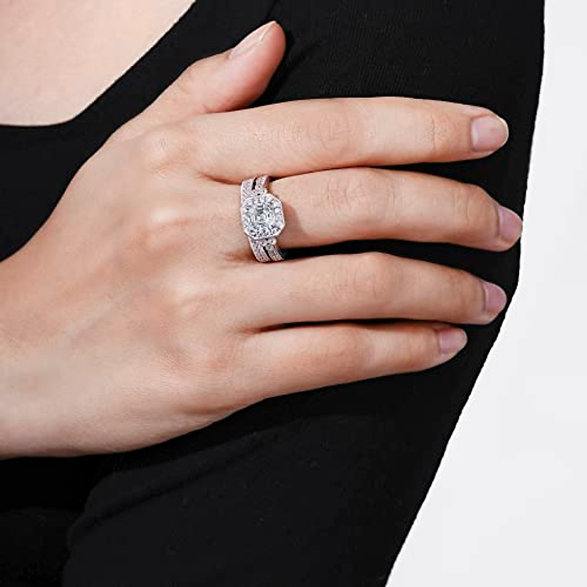 Amazon Essentials Platinum-Plated Sterling Silver Antique Ring set with Asscher-Cut Infinite Elements Cubic Zirconia, Size 8 (previously Amazon Collection)