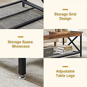 VECELO Coffee Table with 2-Tier Storage Shelf X-Frame for Living Room Office Industrial Style, Easy Assembly, Brown