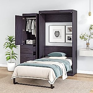 MOEO Twin Size Murphy Bed with Wardrobe and Drawers, Storage Bed, Can be Folded into a Cabinet, Wood Bedframe for Kids and Adults, Bedroom, Dorm, No Box Spring Required, Easy Assembly, Gray