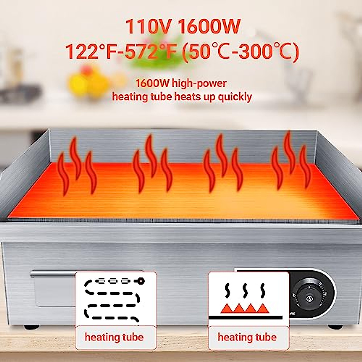 ZXMOTO 22" Electric Countertop Griddle 110V 1600W Commercial Electric Griddle Restaurant Grill Temperture Control Stainless Steel Type A