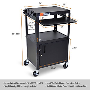 Line Leader AV Cart with Locking Cabinet | Height Adjustable Utility Cart with Extra Storage | Power Strip and Cord Management | Great for Presentations (Black / 24 x 18)