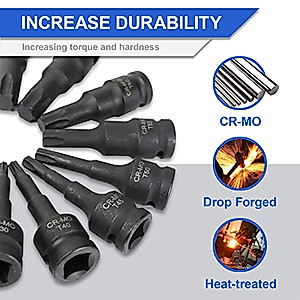 Impact Torx Socket Set 8 Pieces, T30 T40 T45 T50 T55 T60 T70 T80 Cr-Mo Impact Grade, 1/2" Drive Torx Bit Socket Set with Case
