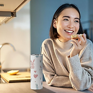 Tumbler with Lid and Straw Cartoon Love Rabbit Thermos Coffee Travel Mug Cute Cups 20 oz Insulated Tumbler for Daily Holiday Decor Gift Coffee Cup