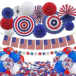35 Pcs Patriotic Party Decorations Set, 4th of July American Flag Independence Day Party Supplies, Blue Red White Confetti Balloons, Paper Fans, Pompoms, USA Flag Pennant Bunting, Star Confetti, Star Streamers