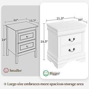 Yaheetech Fully-Assembled Nightstands Set of 2, 2-Drawer Nightstands Large Classic Bedside Tables with Storage, Wooden Painted Storage Cabinet for Bedroom, 21.5″L×16″W×24.5″H, White