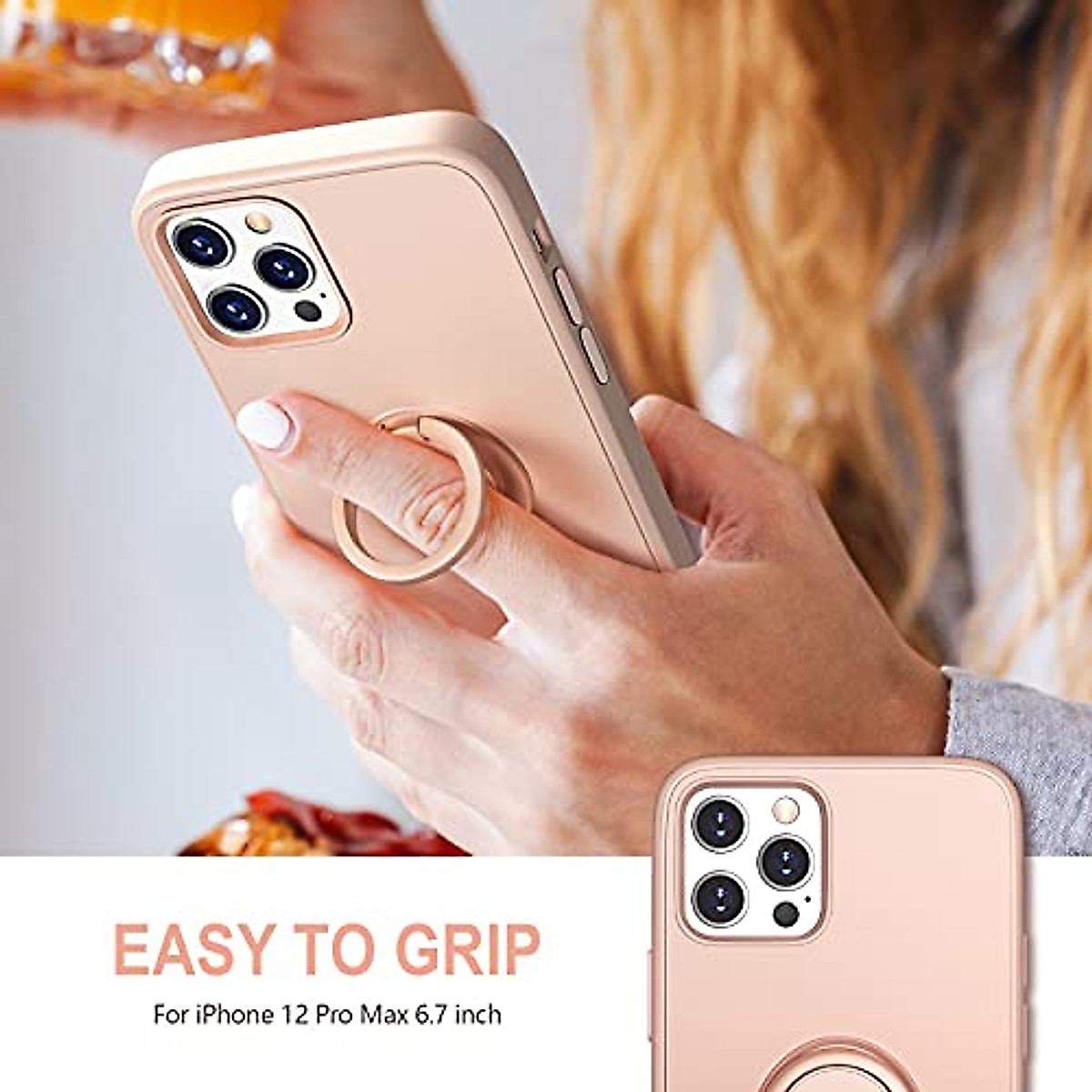 Hython Case for iPhone 12 Pro Max Case with Ring Stand [360° Rotatable Ring Holder Magnetic Kickstand] [Soft Microfiber Lining] Slim Shockproof Rubber Protective Phone Case Cover for Women, Pink Sand