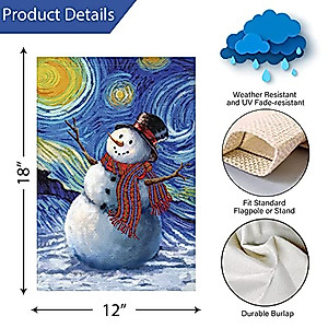 Winter Christmas Garden Flag 12x18 Double Sided, Burlap Farmhouse Small Starry Night Snowman Garden Yard Flags for Xmas Winter Seasonal Outside Outdoor House Holiday Decor (ONLY FLAG)