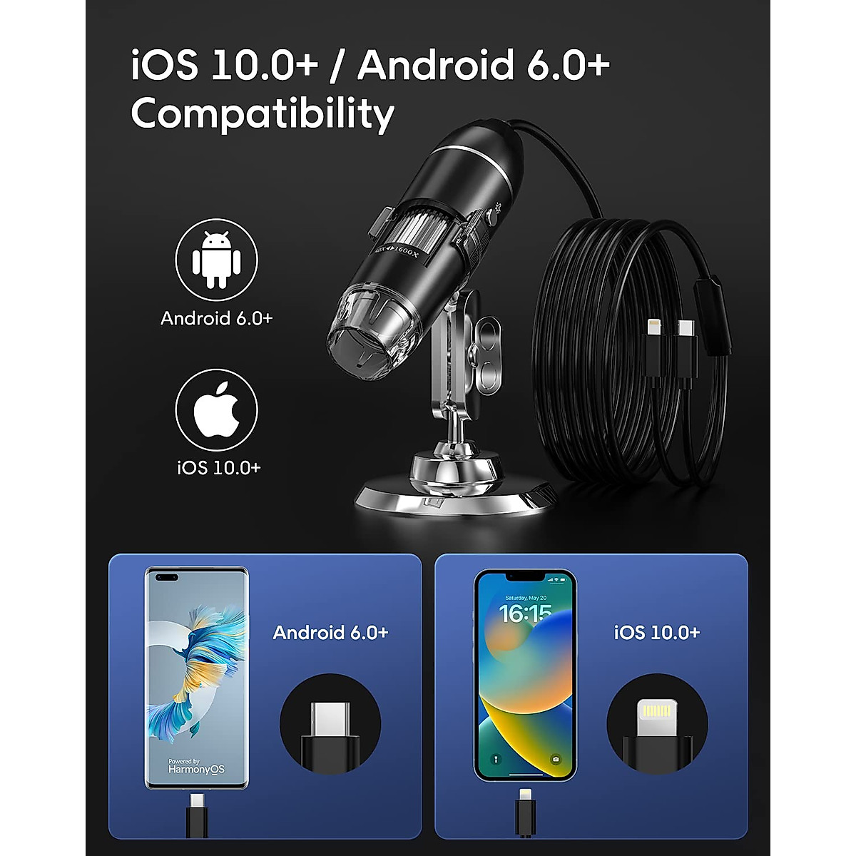 USB Digital Microscope, SKYEAR 50X-1600X Magnification Handheld Digital Microscope Compatible with iOS & Android Devices, Adjustable Stand, 8 LED Lights, Portable Microscope Camera for Adults, Kids