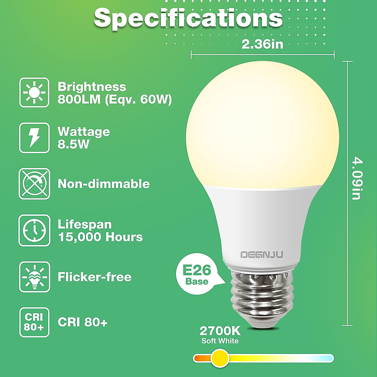 DEGNJU A19 LED Light Bulbs, 60 Watt Equivalent LED Bulbs, Soft White 2700K, 800 Lumens, E26 Standard Base, Non-Dimmable, 8.5W Warm White LED Bulbs for Bedroom Living Room, 3 Pack