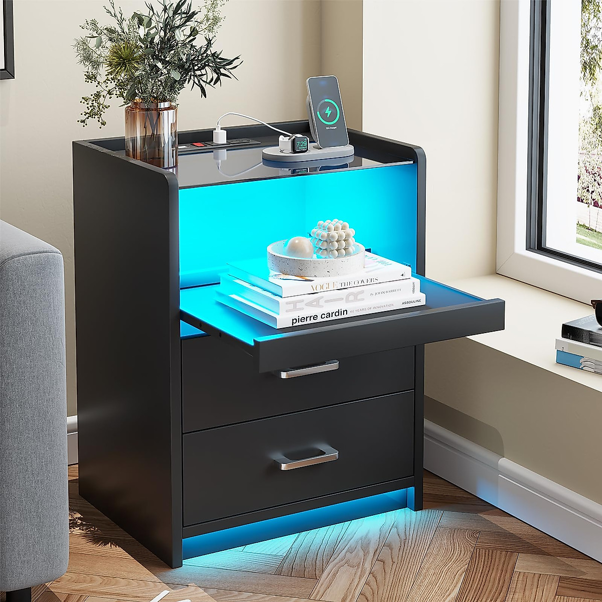 AOGLLATI LED Nightstand with Charging Station, Night Stand with Pull-Out Tray, 2 Drawers, Bedside Table with LED Lights, Modern End Table with USB Ports Outlets, Black