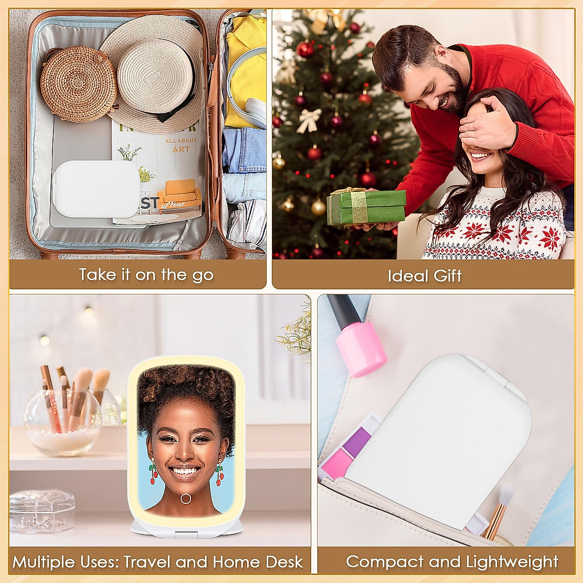 Woltechz Rechargeable Travel Makeup Mirror with Light, 10X Magnifying Mirror, 3 Color Lighting, Dimmable Touch Screen, Portable Ultra Slim Folding Lighted Makeup Mirror