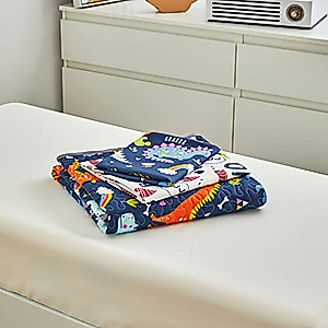 Quilted Toddler Bedding Set 4 Pieces Summer Navy Colorful Dinosaur Toddler Bed Set Includes Toddler Size Quilt Set, Flat Sheet, Fitted Sheet and Pillowcase