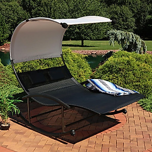 Double Rocking Chaise Lounge Bed with Canopy and Pillows - Black