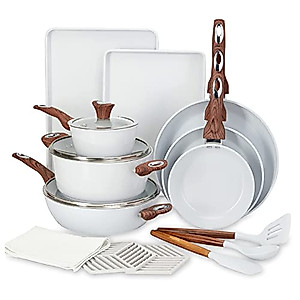 PHANTOM CHEF 18-Piece Cookware Set | Non-Stick Ceramic Coating | Oven & Dishwasher Safe | PFOA-Free | Aluminum Pots & Pans Set with Lids | Stay-Cool Handles | Induction Stovetop Compatible (Beige)