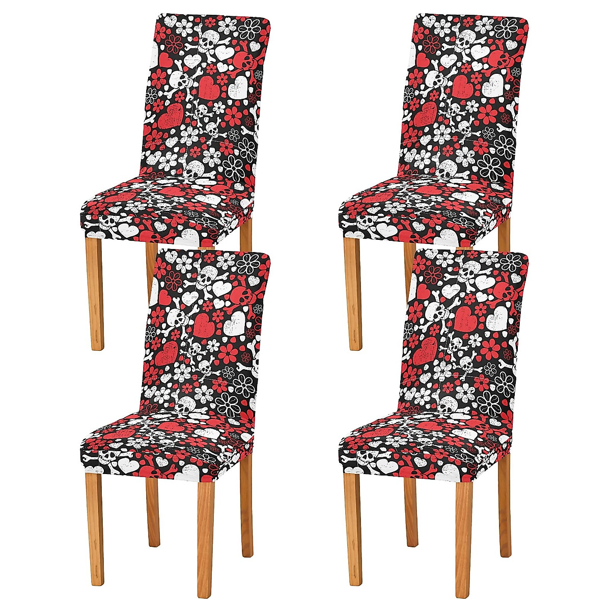 Red Skulls Flowers Hearts Dining Chair Covers Set of 2 Spandex Stretch Chair Slipcovers for Home Party Hotel Wedding
