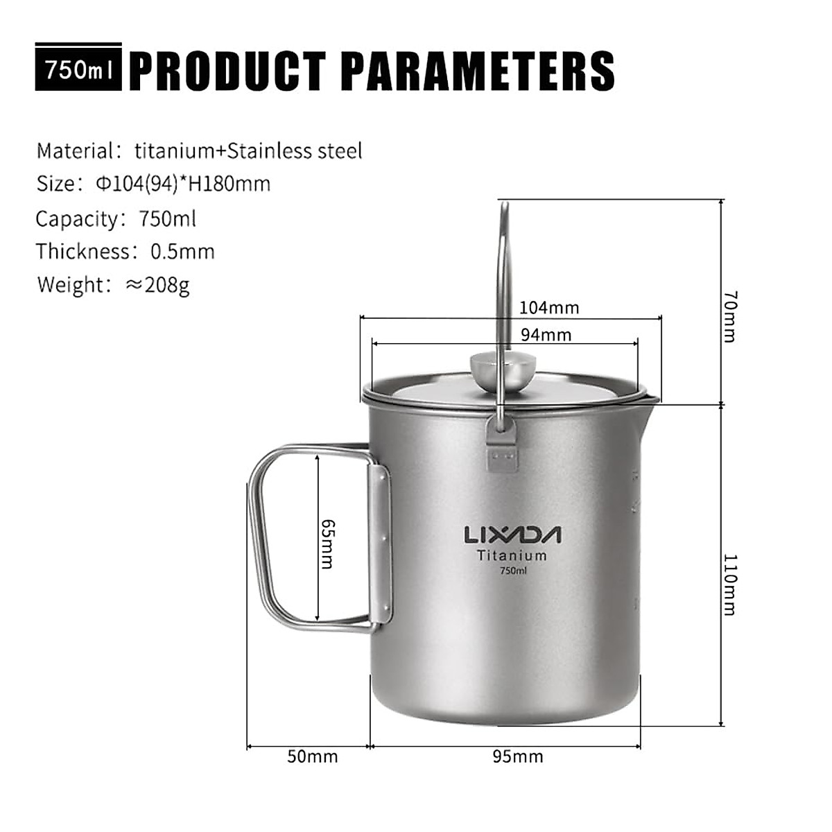 Lixada Titanium Pot 750ml Camping Titanium Coffee Cup Mug French Press Pot Coffee Maker Outdoor Camping Cooking Pot with Folding Titanium Spoon